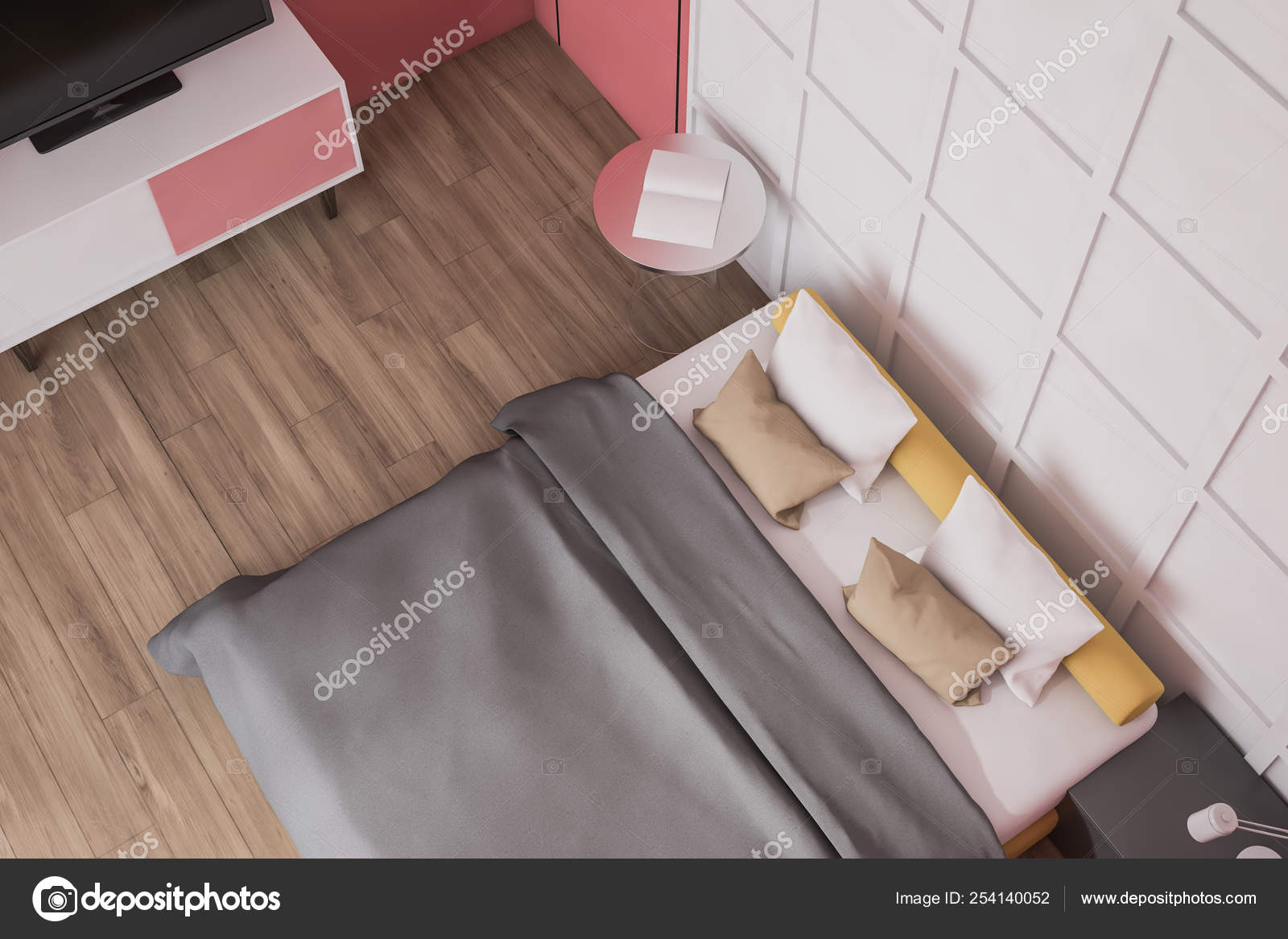 Modern design bedroom interior. top view. — Stock Photo ...