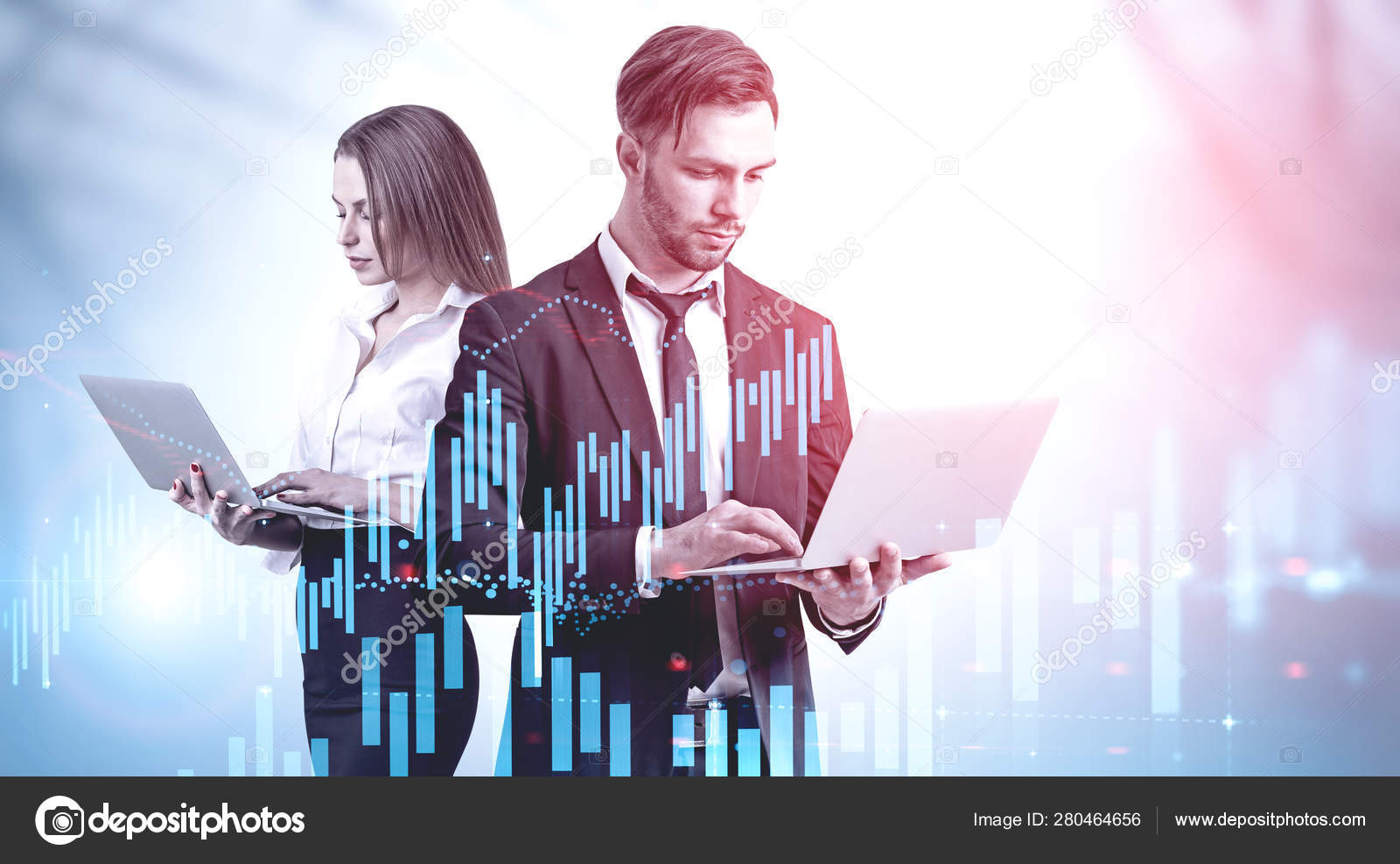 Two managers with laptops, graphs and analysis — Stock Photo ...