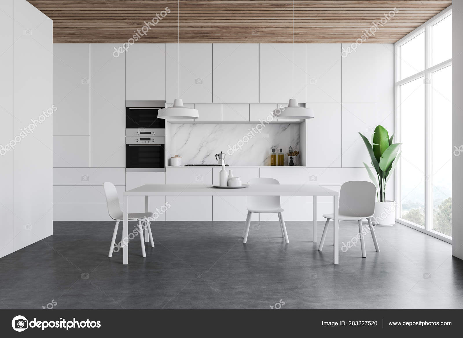 White kitchen interior, counters and table — Stock Photo ...
