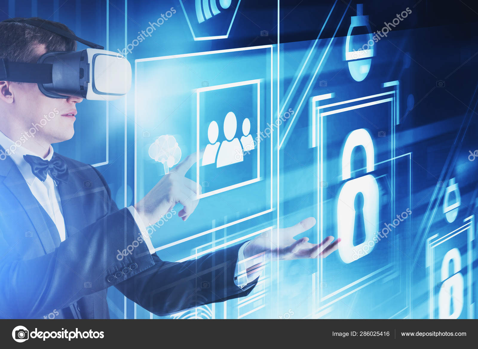 Man in VR glasses, cyber security interface — Stock Photo ...