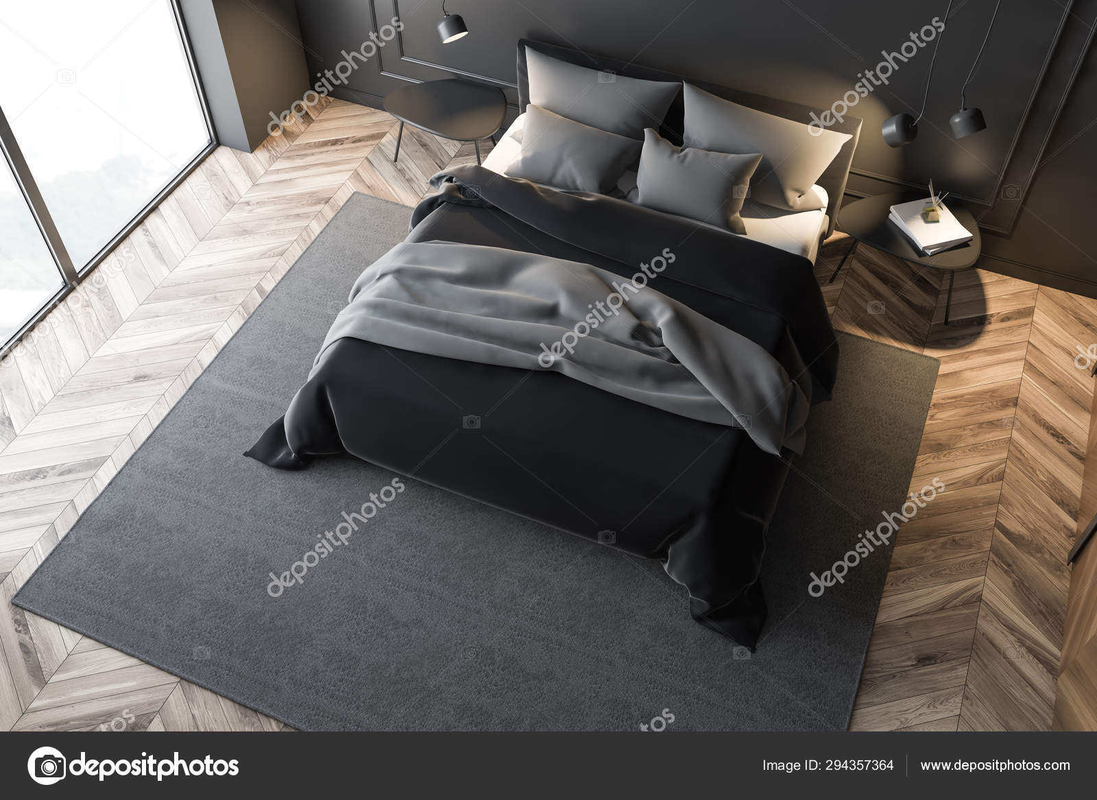 Top view of gray master bedroom Stock Photo by ©denisismagilov 294357364