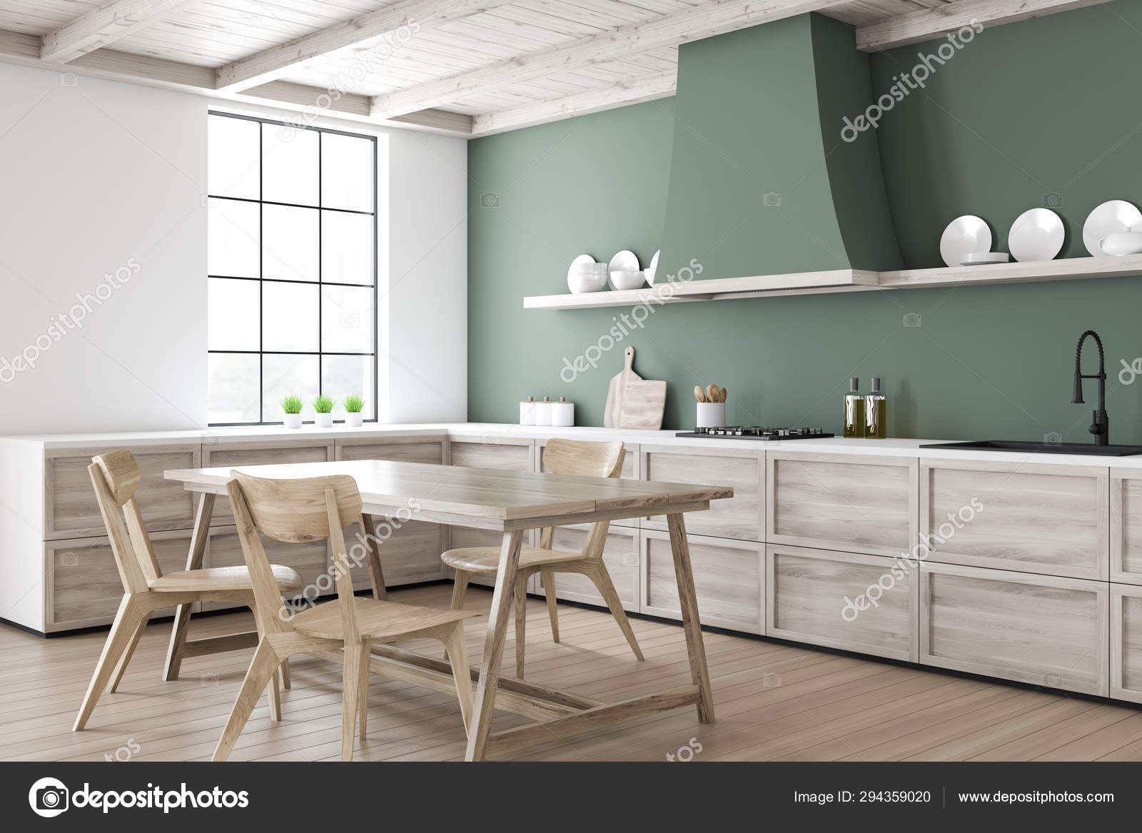 Green kitchen corner with dining table — Stock Photo © denisismagilov ...