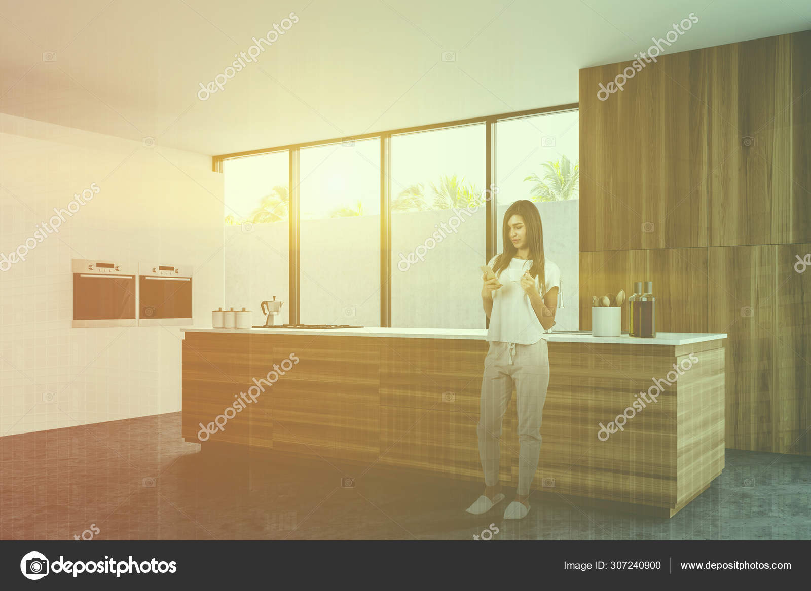 Woman in kitchen with countertop — Stock Photo © denisismagilov #307240900