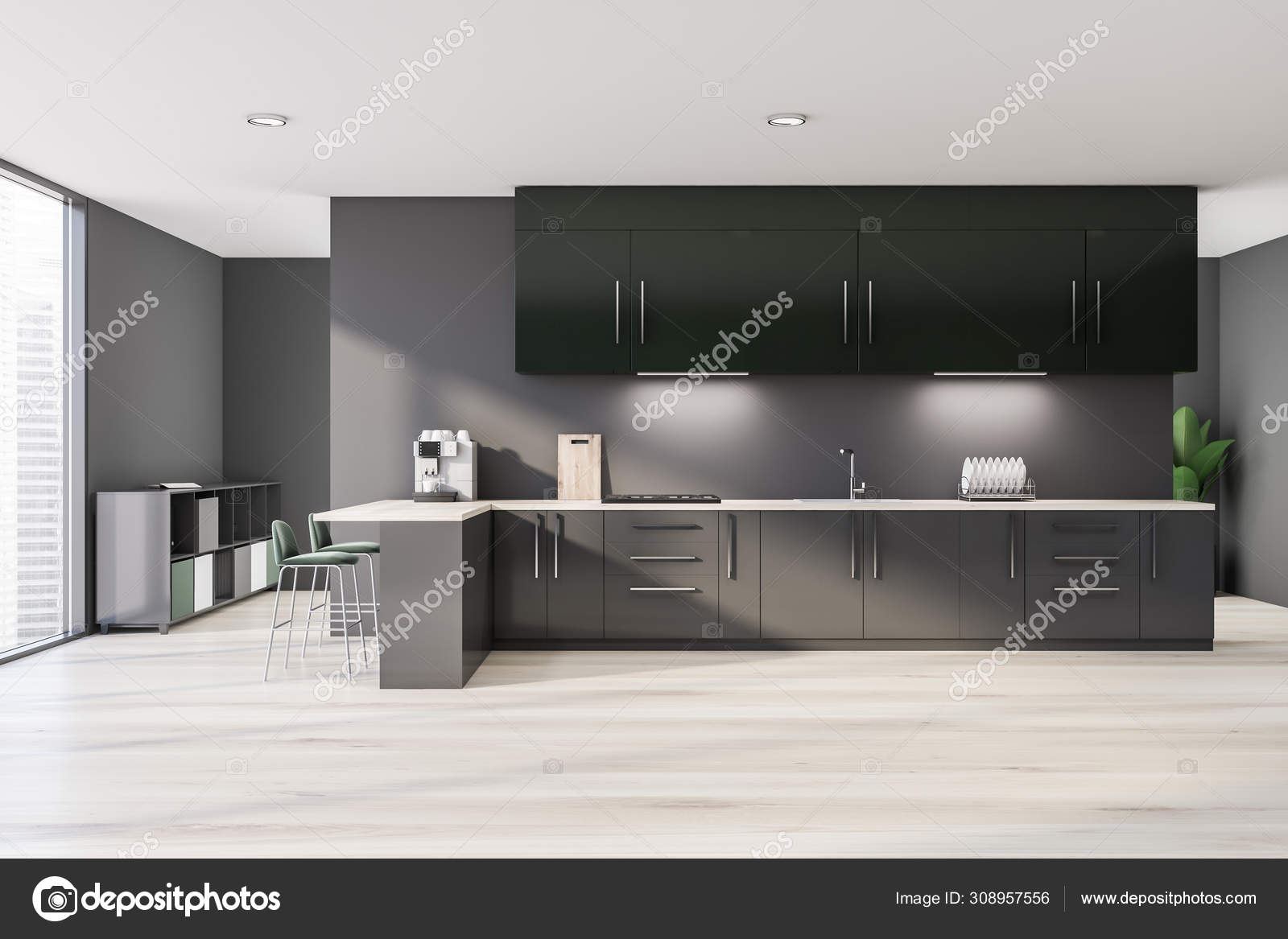Gray kitchen interior with bar and cabinet Stock Photo by ...