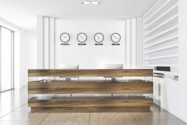 Modern Interior Reception Desk Clocks Showing World Time Two Workplaces ...