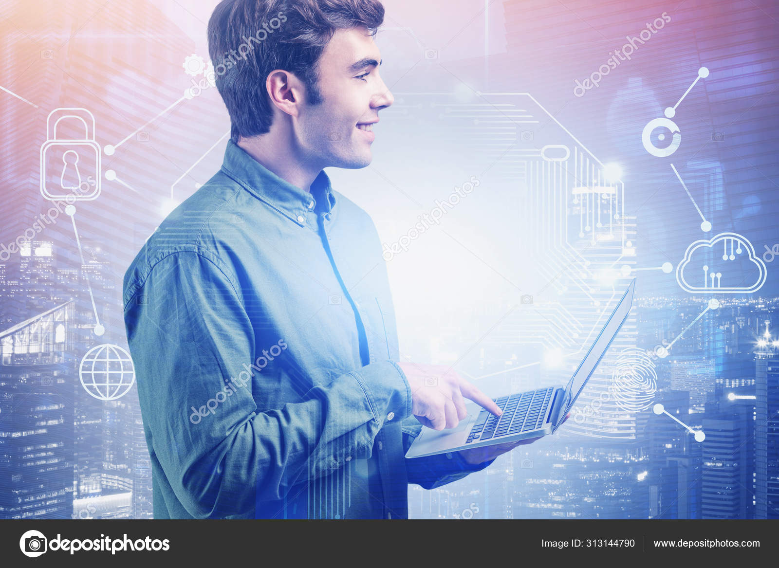 Smiling young programmer and AI interface — Stock Photo ...
