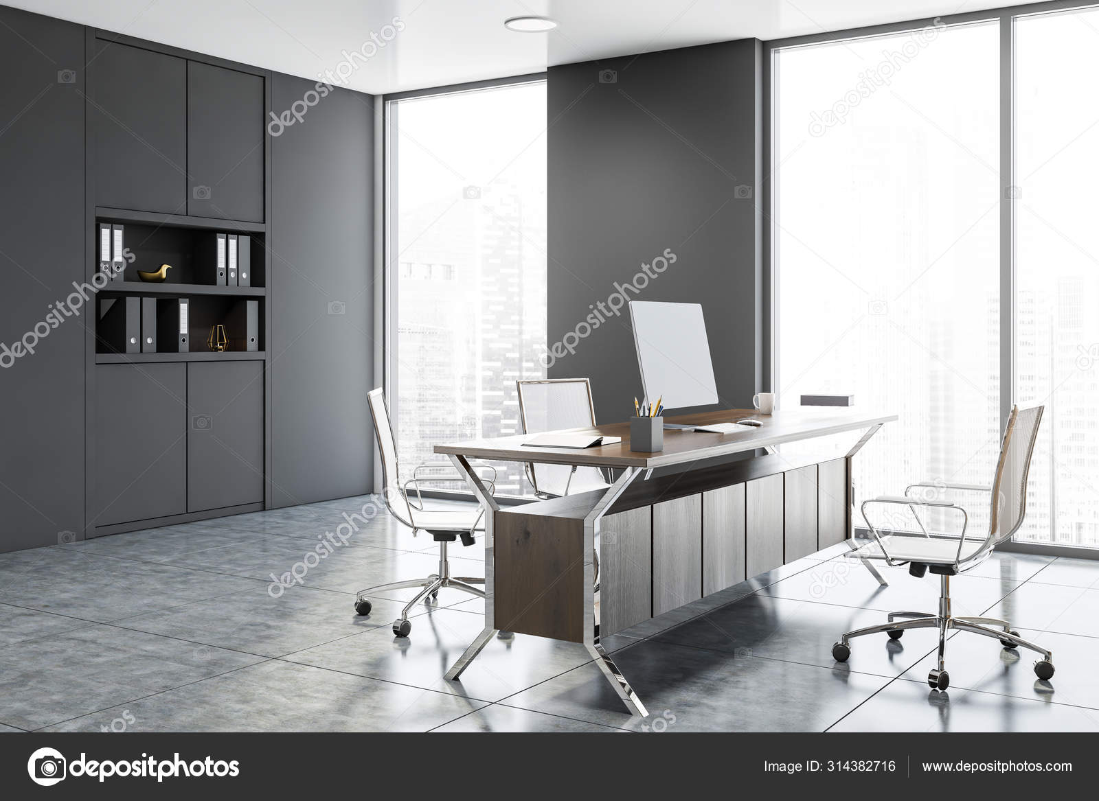 Corner of panoramic gray CEO office ⬇ Stock Photo, Image by ...