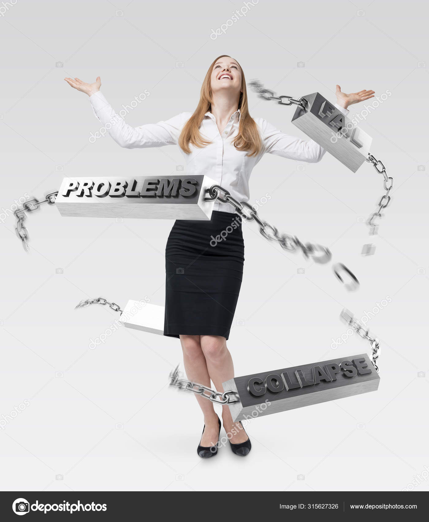 Happy young businesswoman solving problems Stock Photo by ...