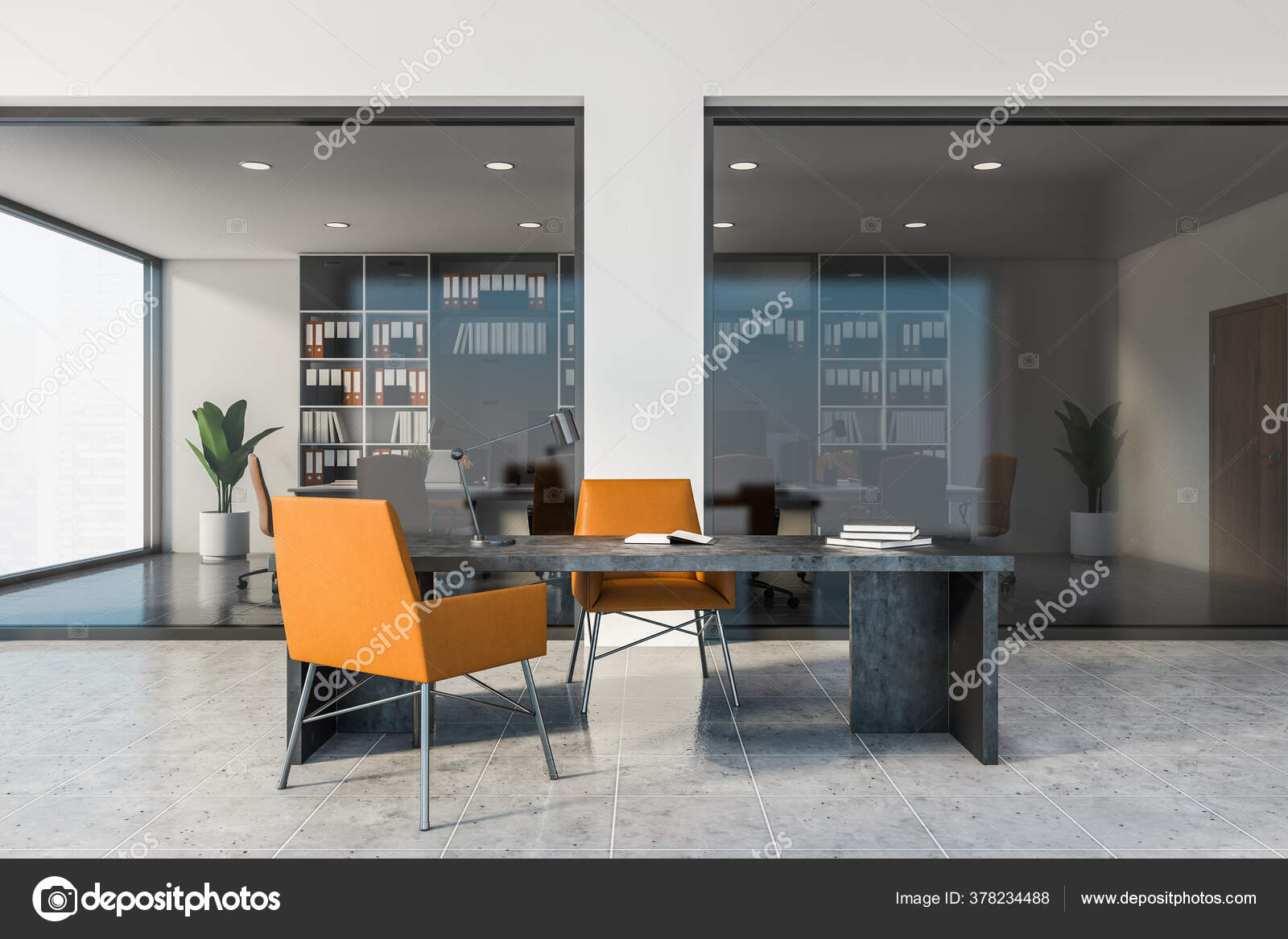 Front View Modern Ceo Office White Walls Tiled Floor Panoramic Stock ...