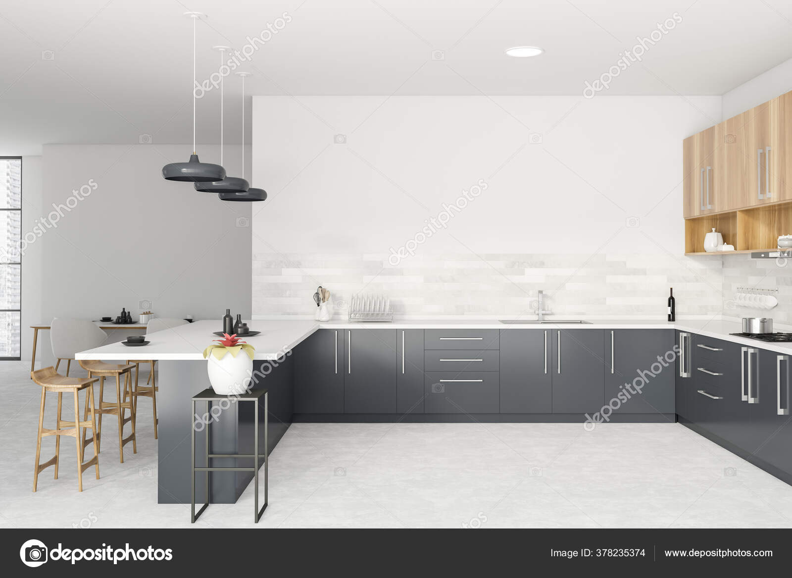 Side View Modern Kitchen White Walls Grey Countertops Wooden Cupboards ...