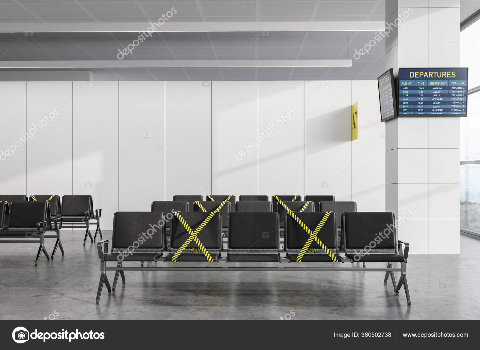 Interior Airport Terminal Rows Seats Some Them Covered Barrier Tape ...