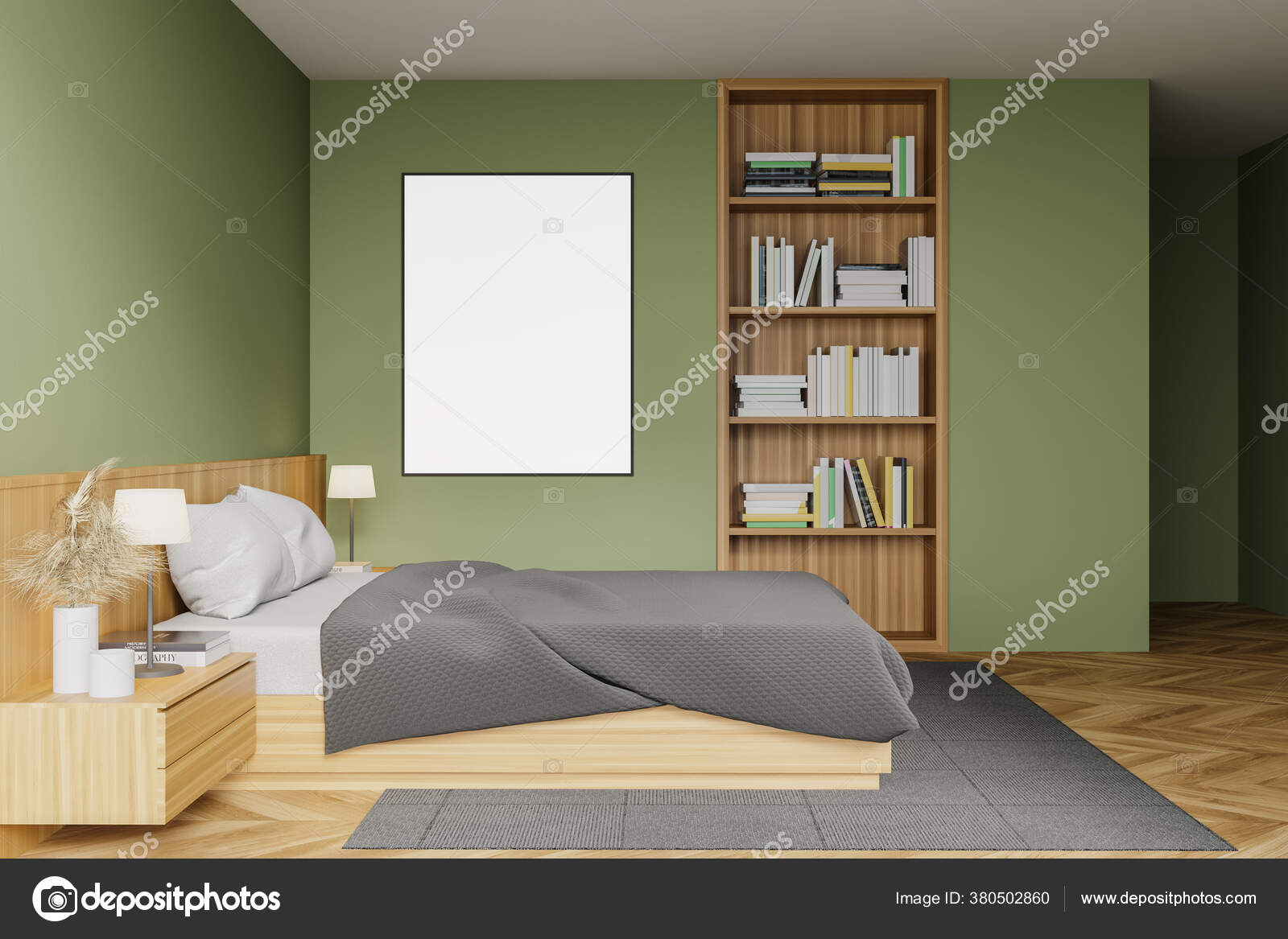 Side View Modern Master Bedroom Green Walls Wooden Floor Comfortable ...