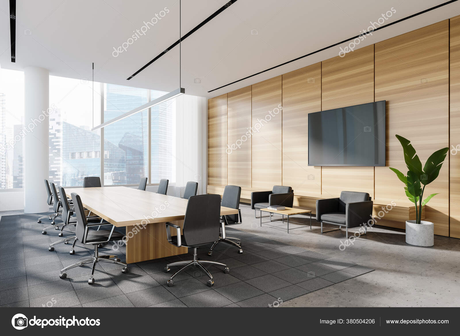 Corner Panoramic Meeting Room White Wooden Walls Concrete Floor Long ...