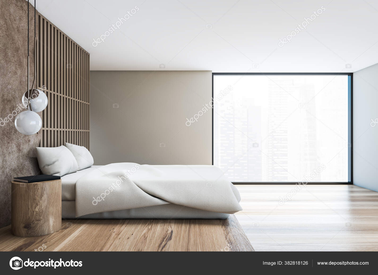 Side View Modern Loft Bedroom Beige Gray Walls Wooden Floor Stock Photo ...