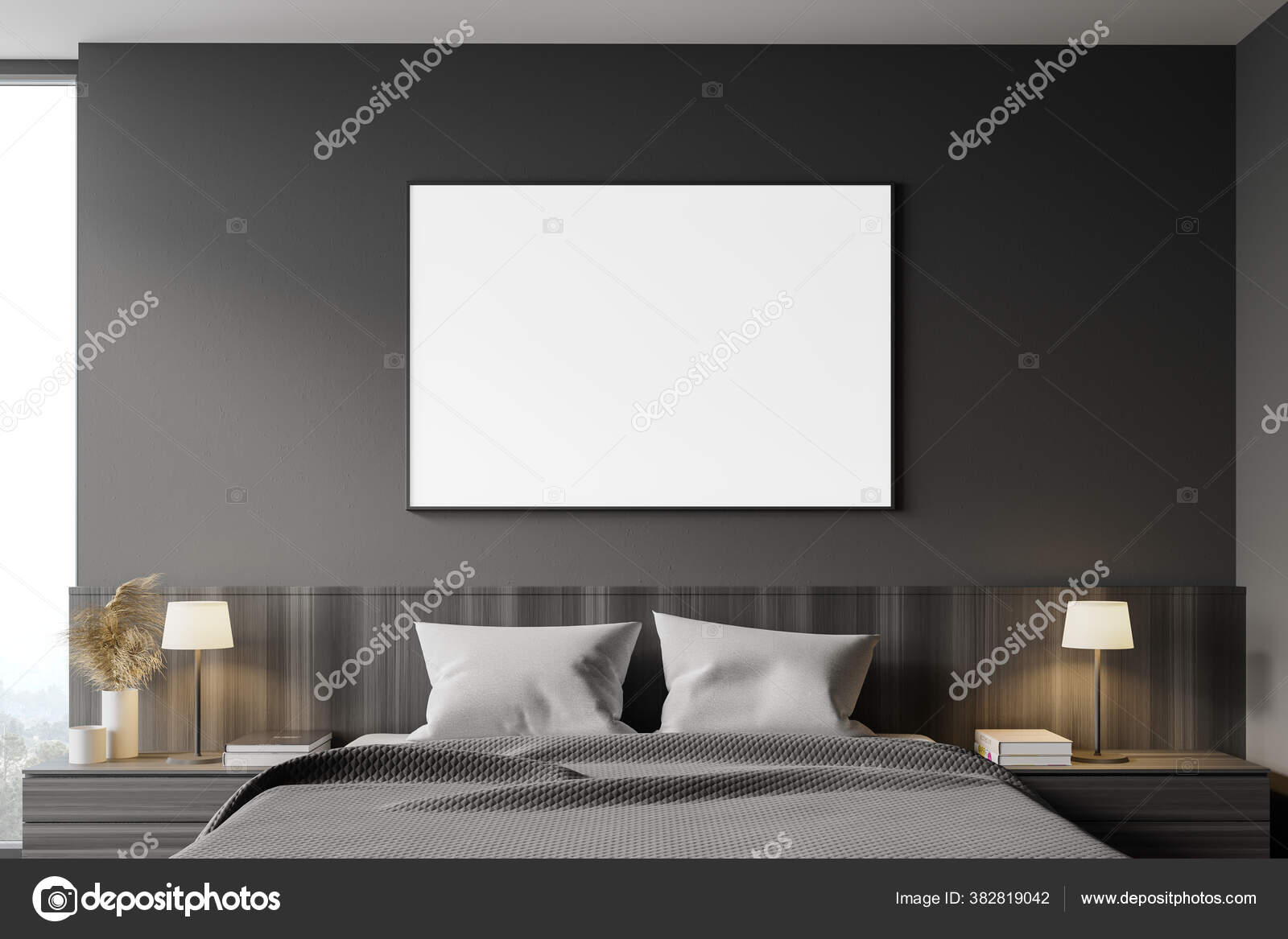 Front View Stylish Master Bedroom Gray Walls Comfortable King Size ...