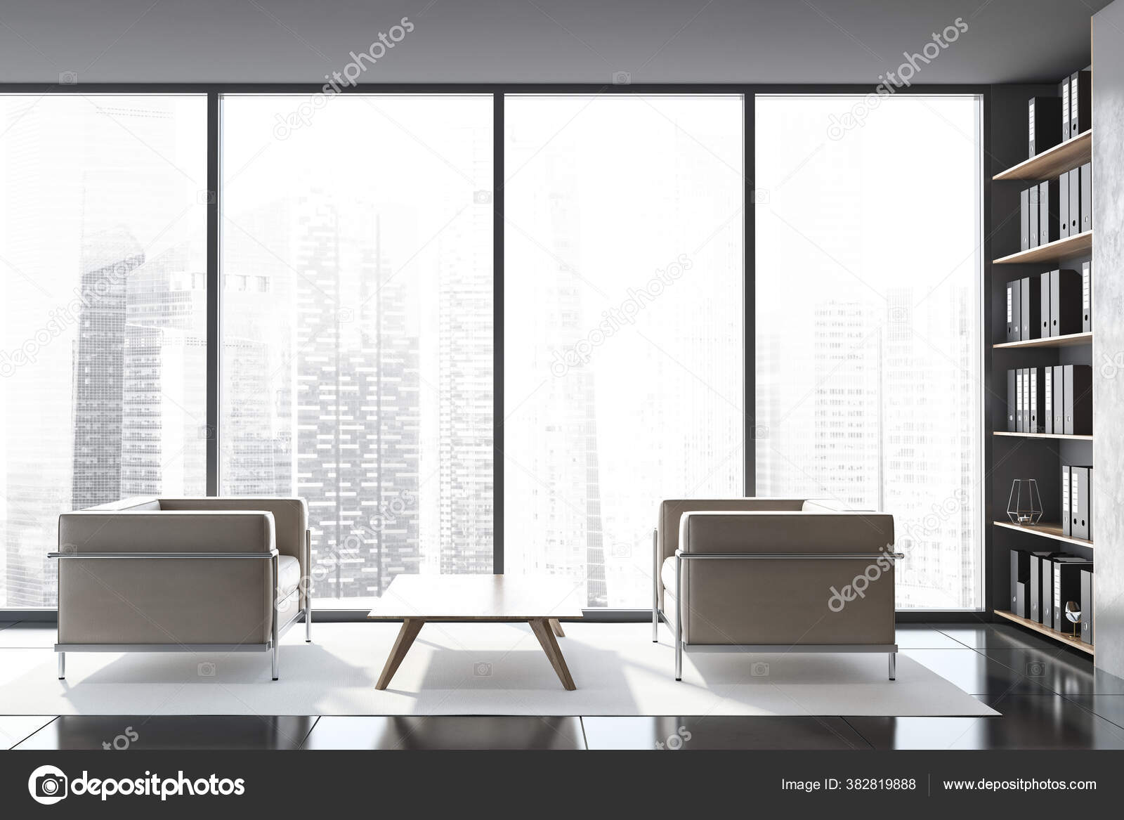 Interior Panoramic Office Library Gray Walls Tiled Floor Two ...
