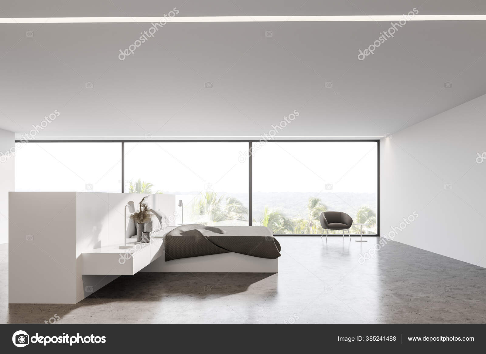 Side View Modern Panoramic Master Bedroom White Walls Concrete Floor ...