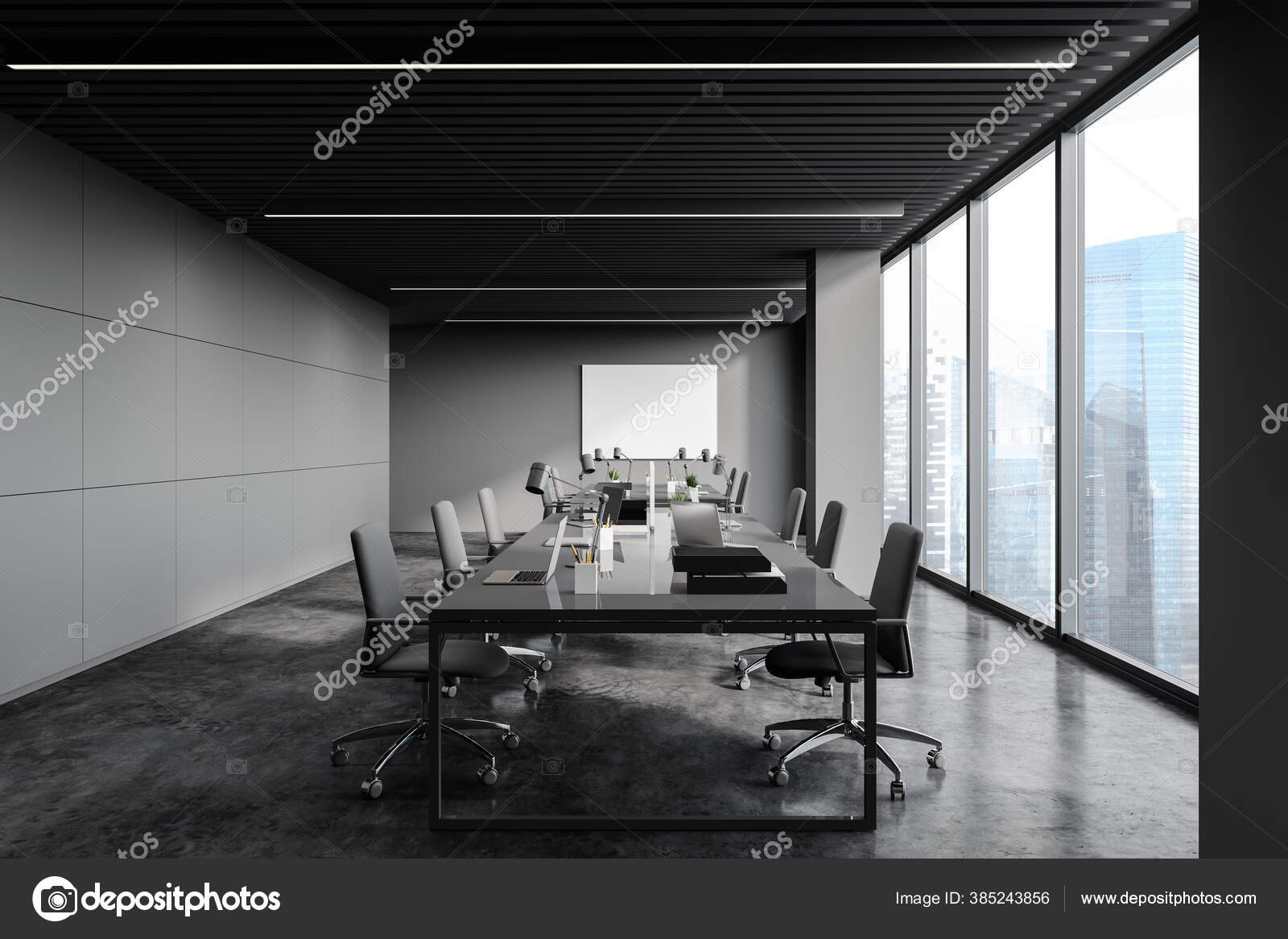 Front View Loft Panoramic Open Space Office Dark Gray Walls — Stock ...