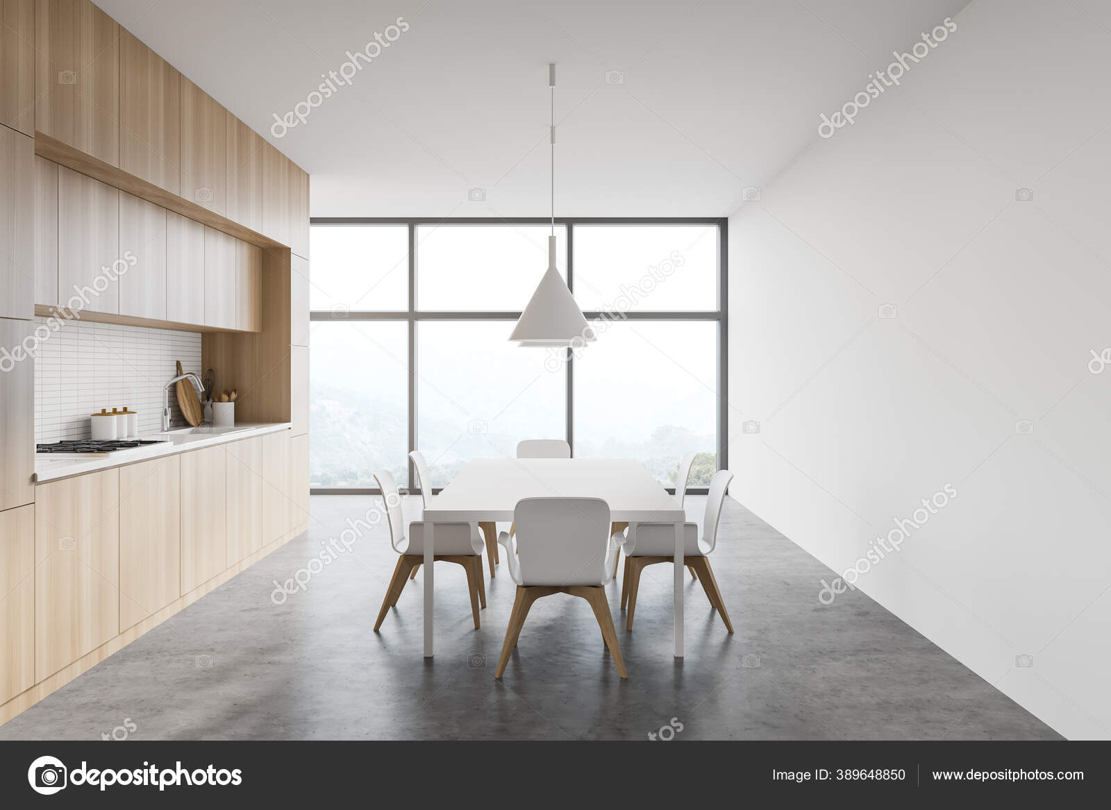 Side View Modern Kitchen White Walls Concrete Floor Wooden Countertops ...