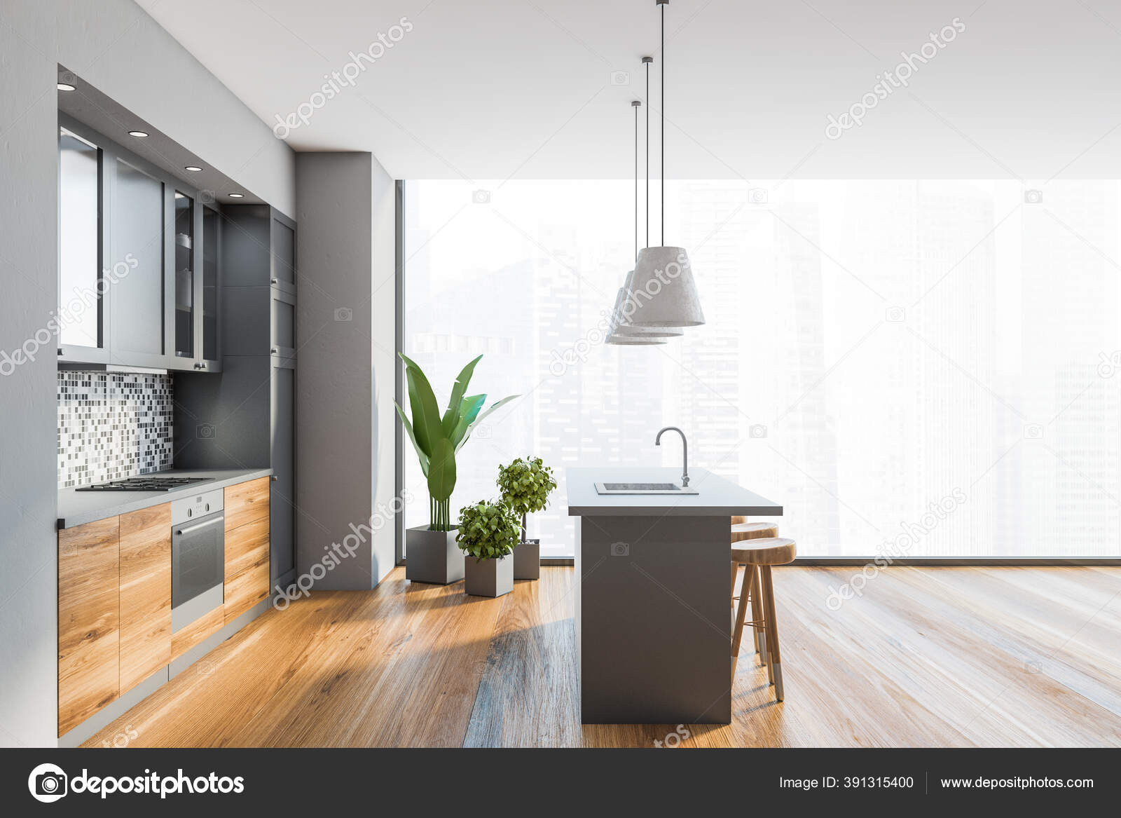 Side View Stylish Panoramic Kitchen Gray Tiled Walls Wooden Floor ...