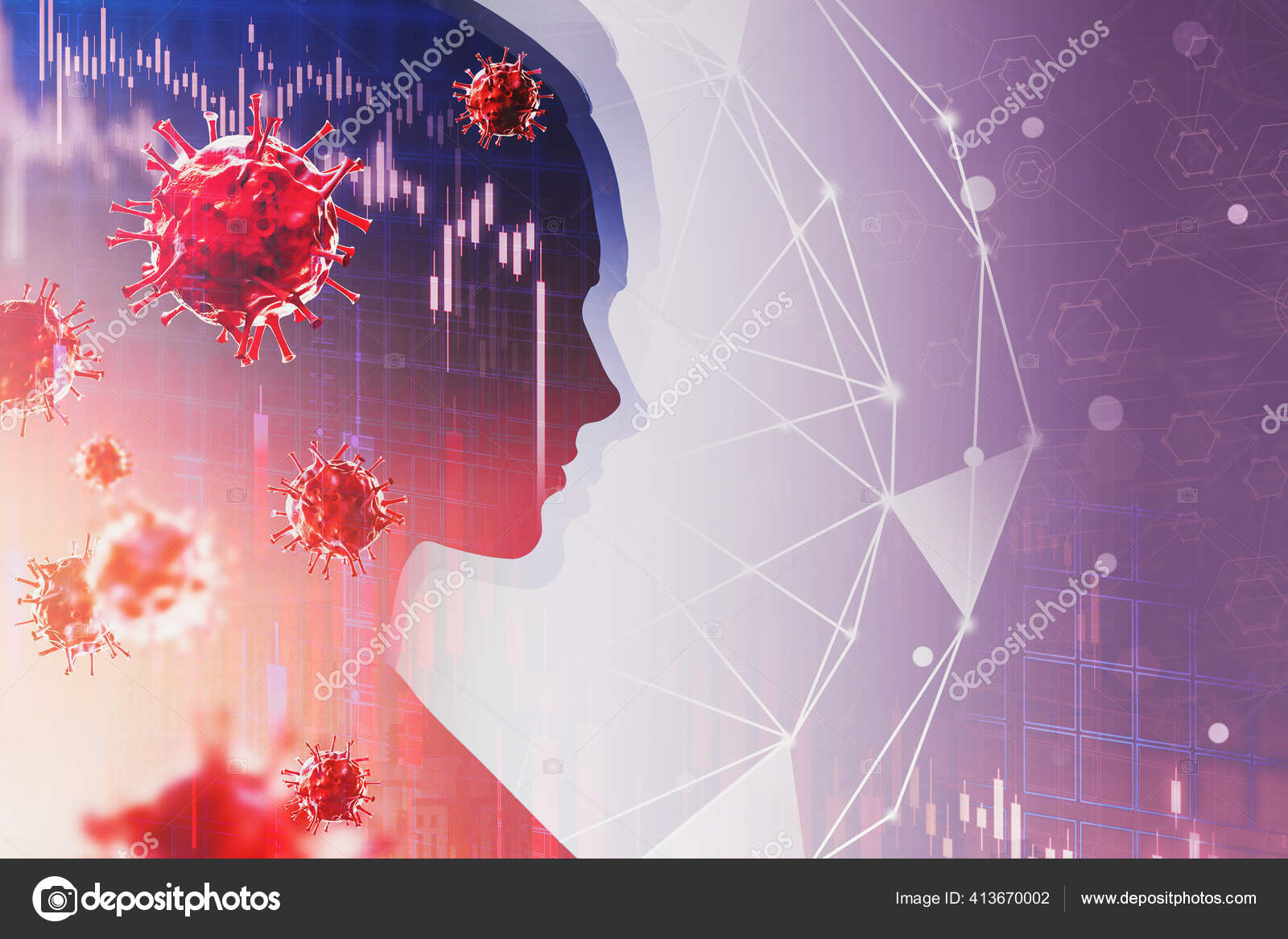 Silhouette Woman Head Double Exposure Covid Red Background Concept ...