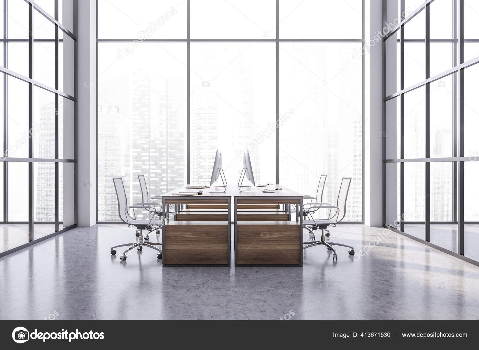 Side View Modern Open Space Office White Walls Concrete Floor — Stock ...