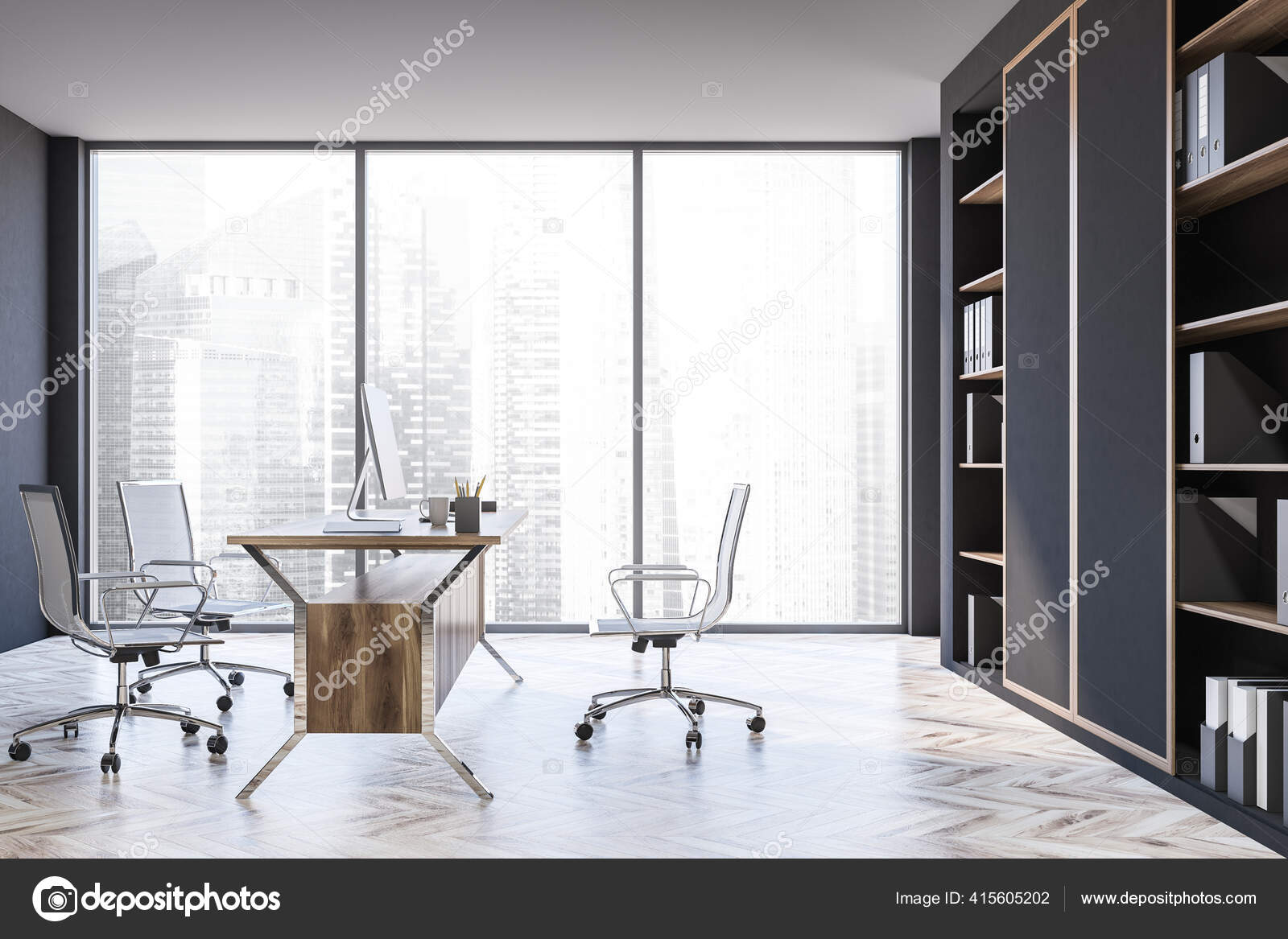 Side View Stylish Ceo Office Gray Walls Wooden Floor Computer Stock ...