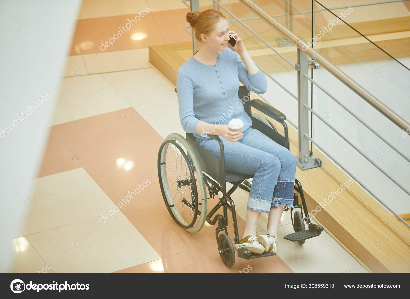 Young Disabled Woman Wheelchair Talking Using Mobile Phone While