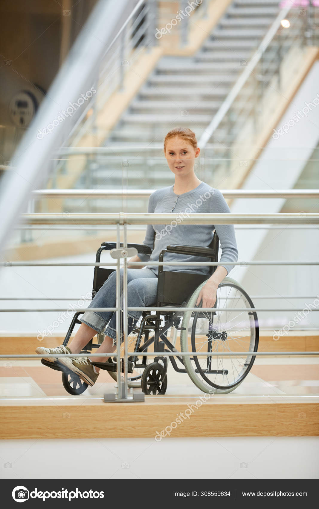 Portrait Red Haired Female Patient Sitting Wheelchair Looking Camera ...