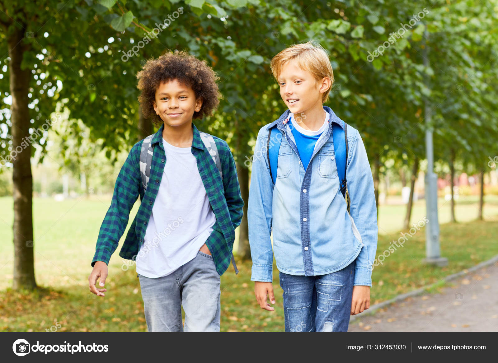 Multiethnic Boys Backpacks Walking Together Road Returning School ...