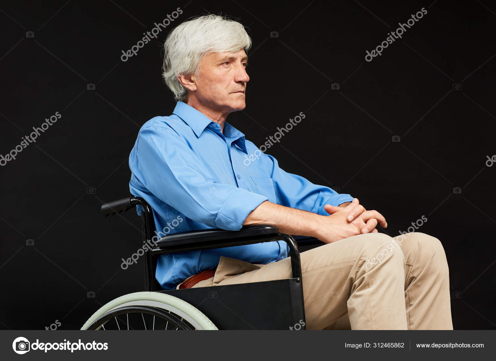 Senior Disabled Man Sitting Wheelchair Looking Serious Black Background ...
