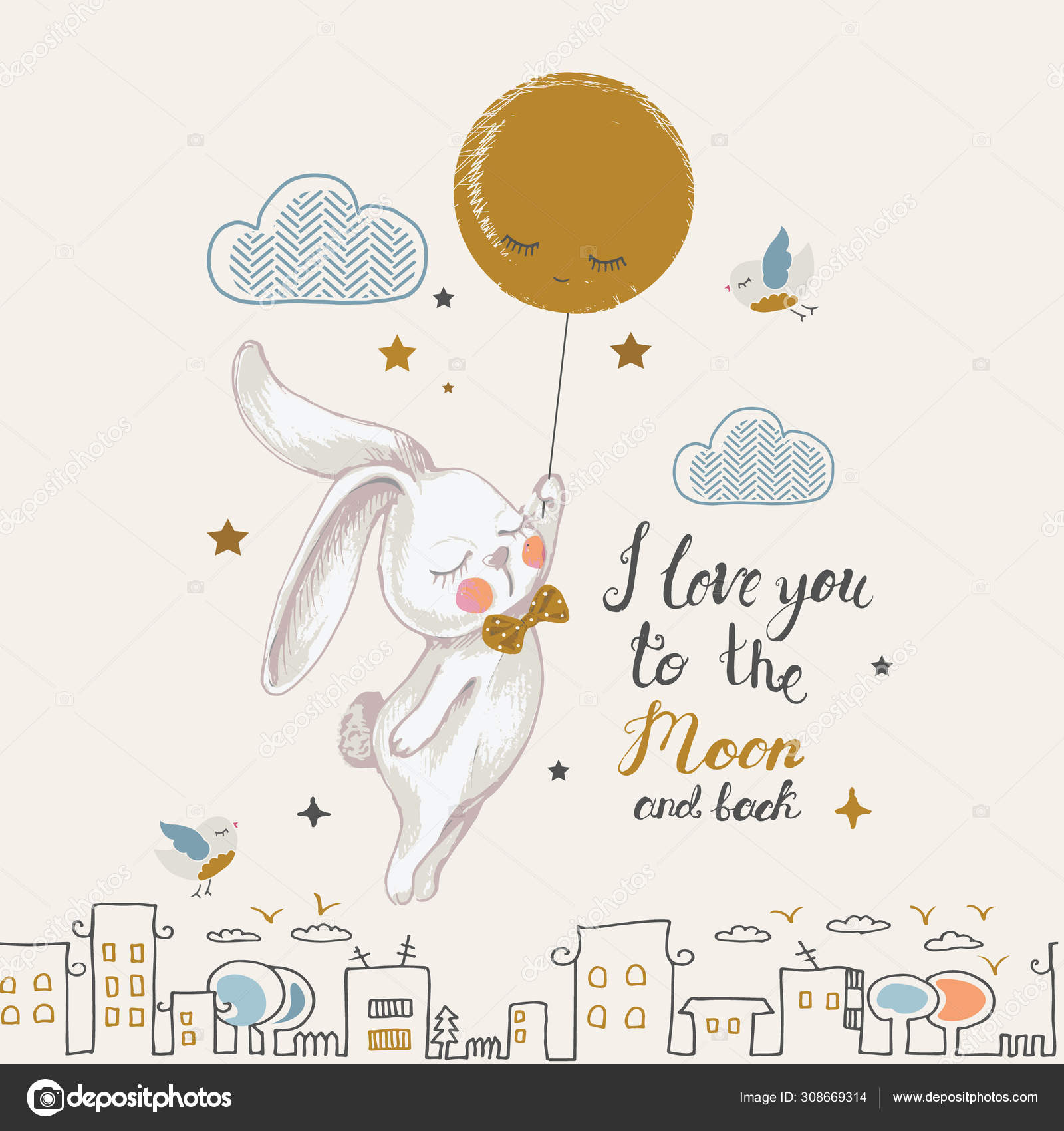 Cute Bunny Flying Moon Cartoon Hand Drawn Vector Illustration Can Stock ...