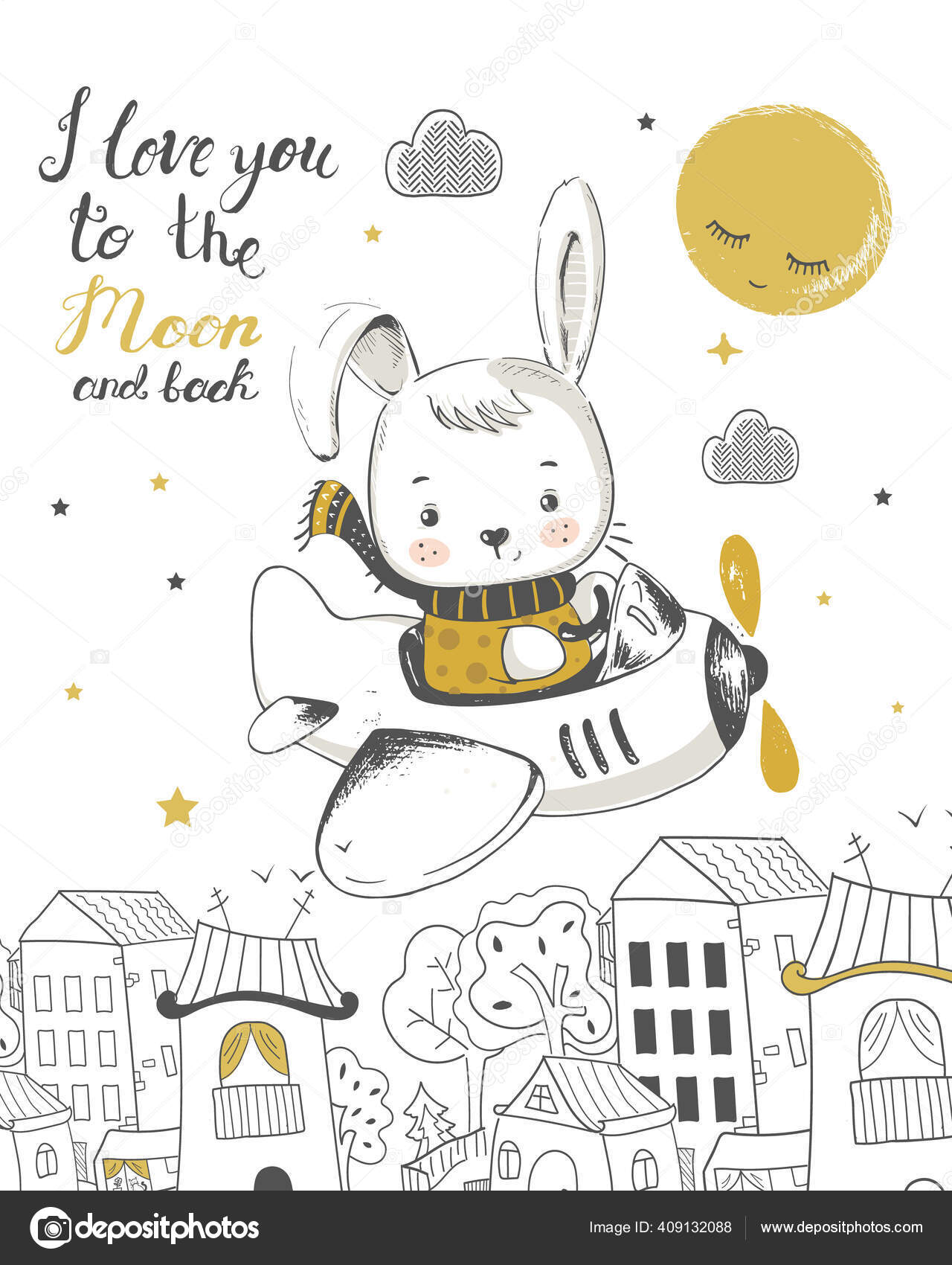 Cute Little Bunny Flying Plane Cartoon Hand Drawn Vector Illustration ...