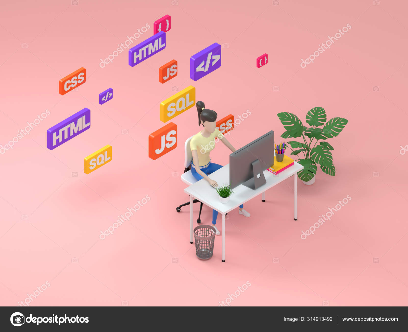 Woman web developer working on freelance. Isometric illustration icon with web development for ...
