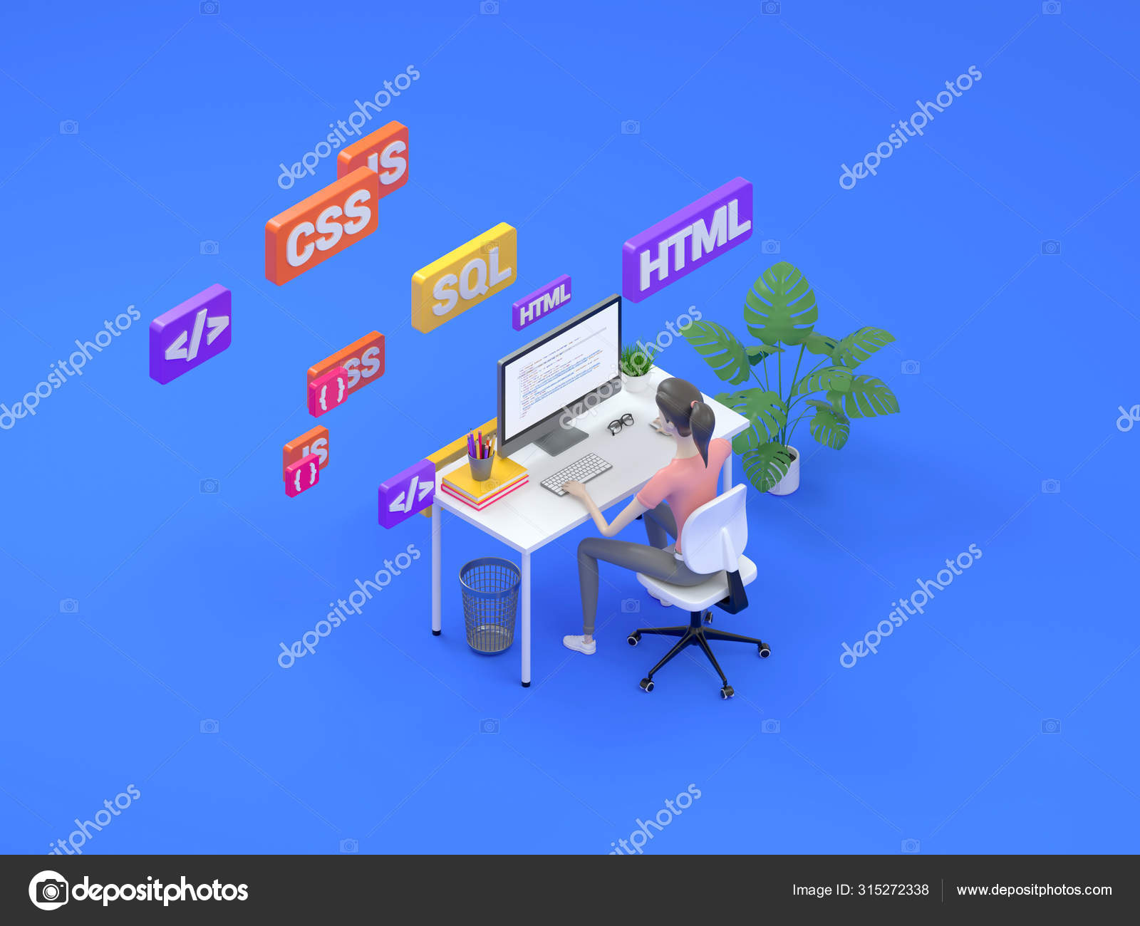 Young professional female programmer is working at a computer ...