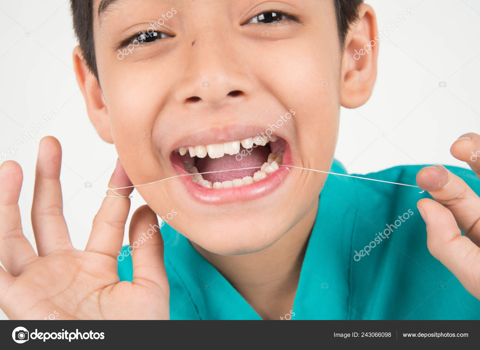 Little Boy Using Dental Floss Clean Tooth Stock Photo by ©wckiw 243066098