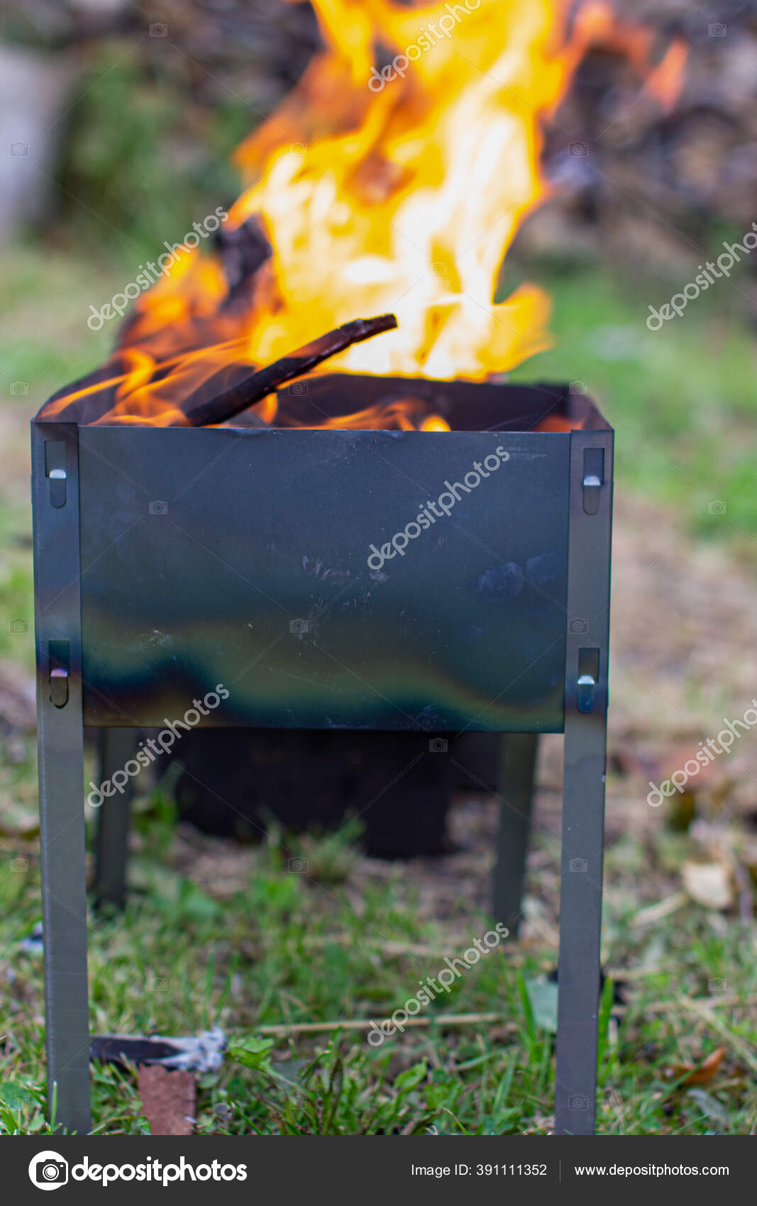 Fire Burning Metal Grill Large Bright Flame Fire Close Range — Stock ...
