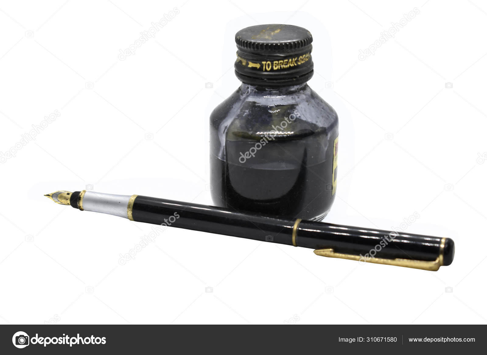Old fashioned hand writing equipment, Ink pot and fountain pen Stock ...