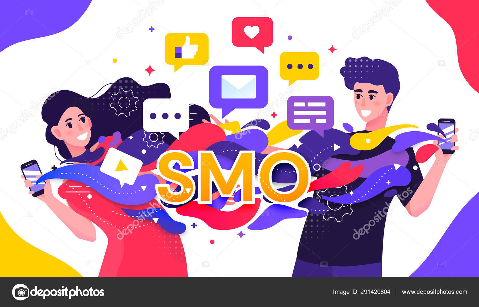 SMO or Social Media Optimization concept with two young people ...