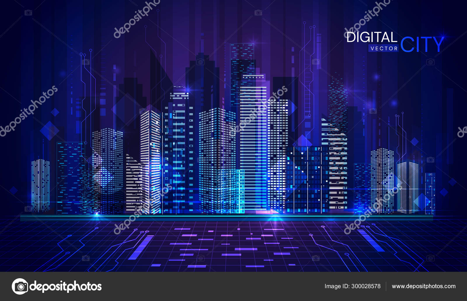 Panorama banner of Digital City at twilight in cool blue tones with ...
