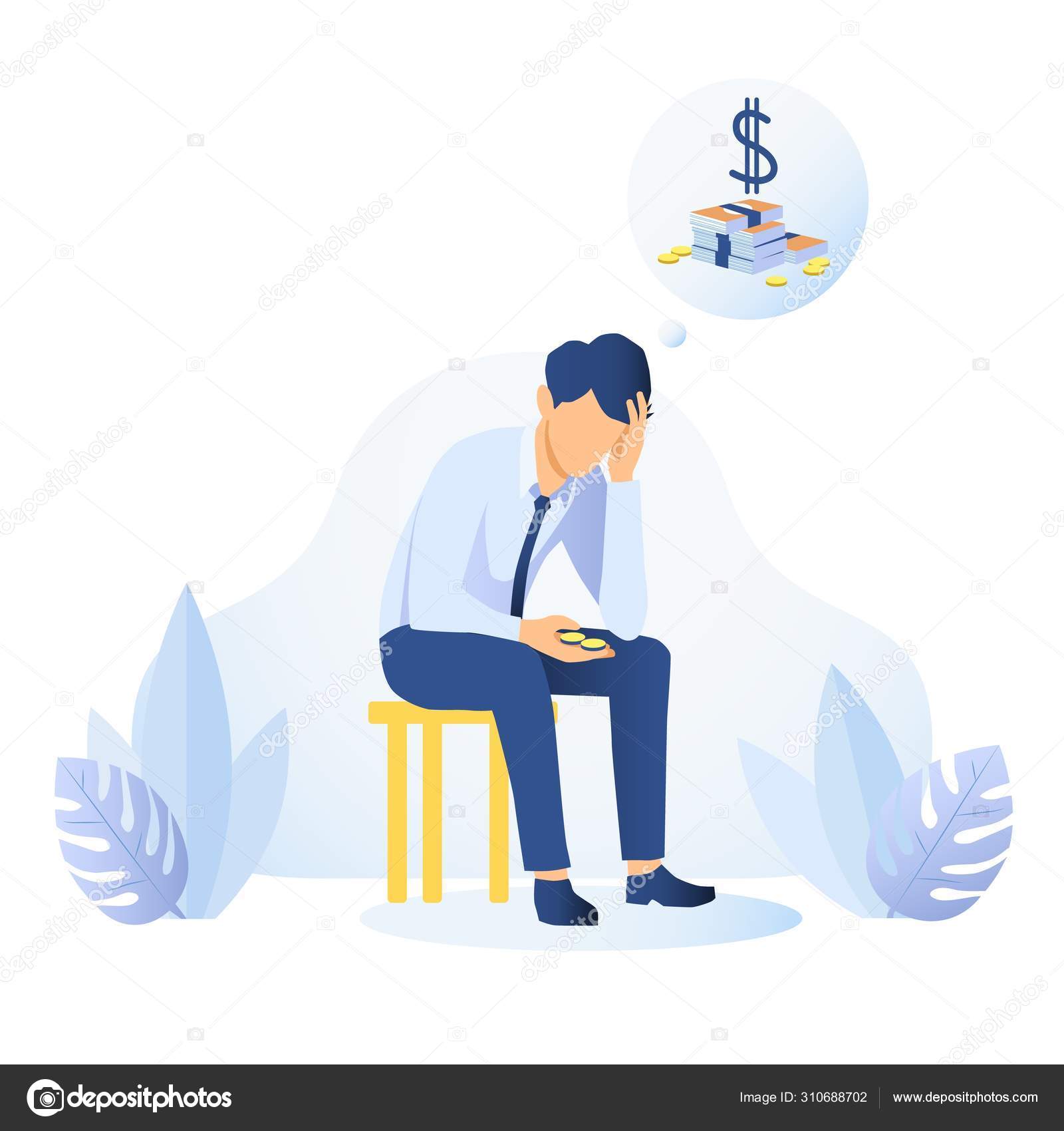 Money Shortage and Financial Problem concept. Depressed man thinking ...