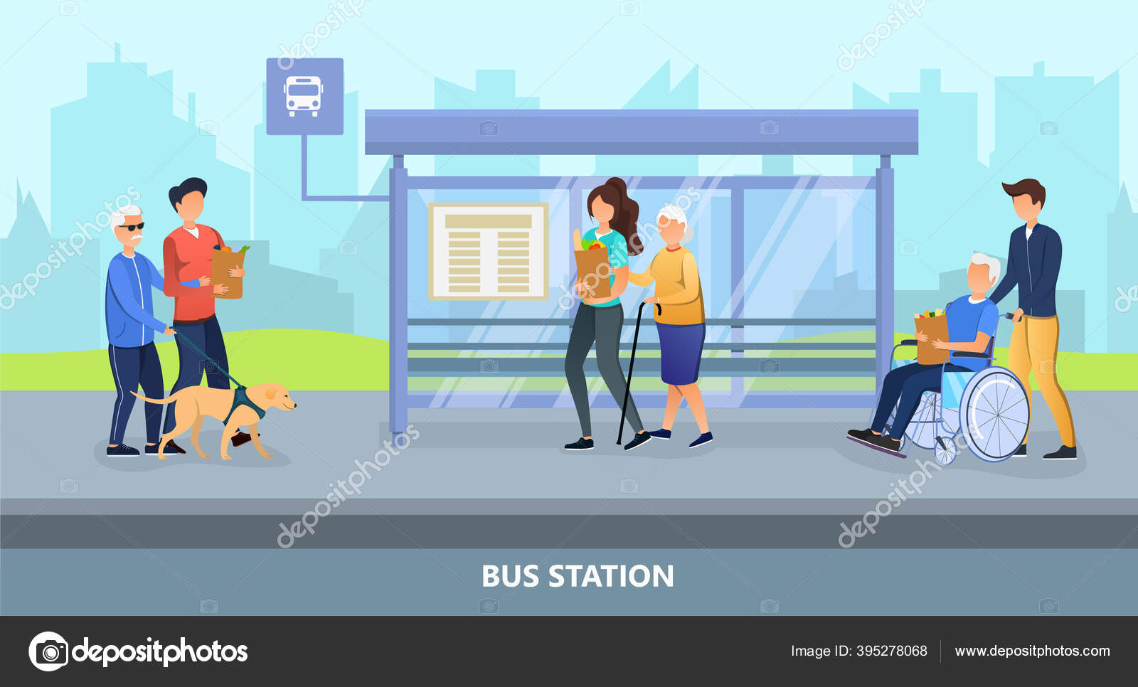 Young people helping erderly at the bus station Stock Vector Image by ...