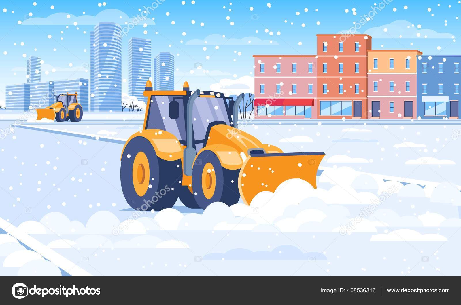 Snow plough clearing snow from a city street Stock Vector by ...