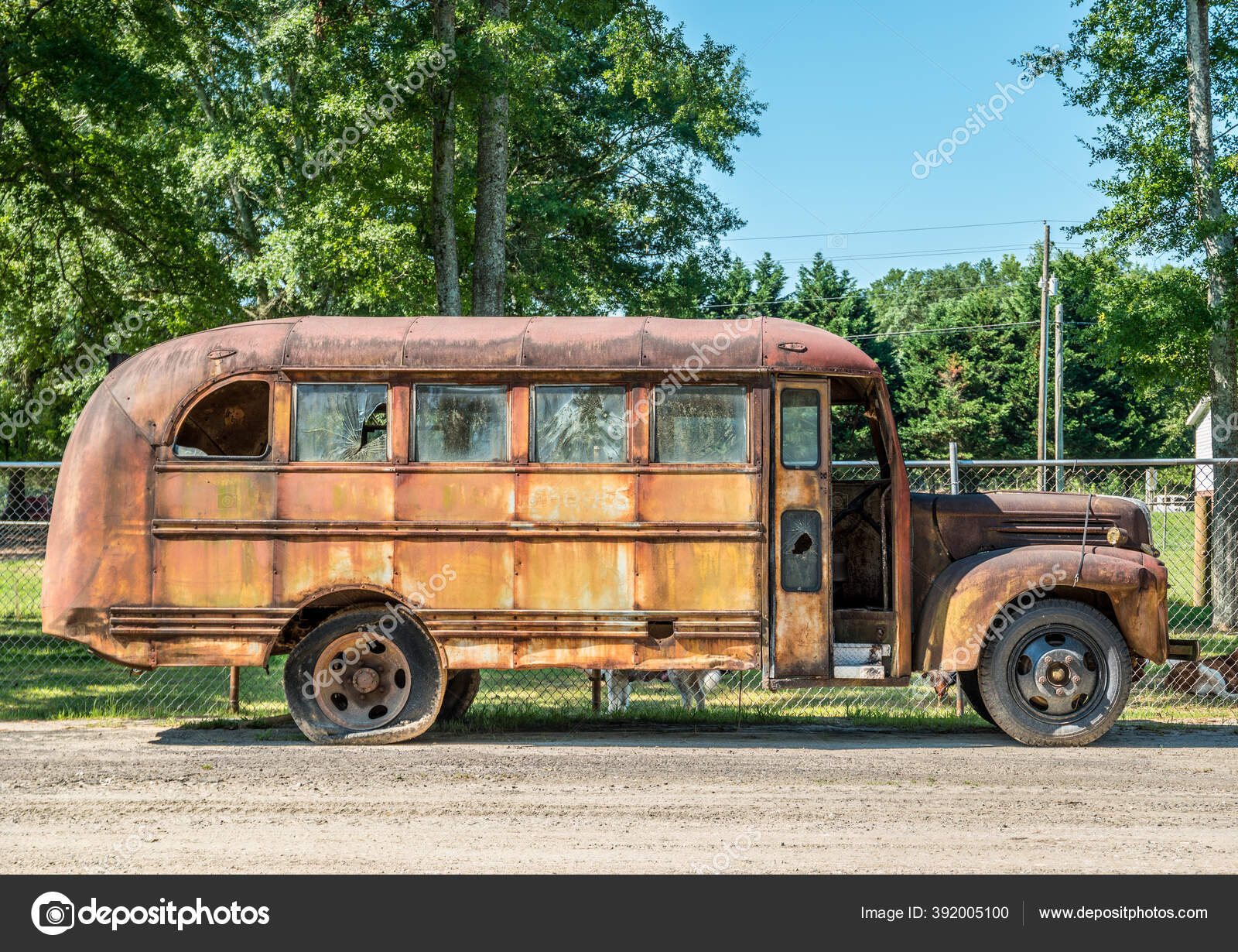 Old Rusted School Bus Broken Glass Windows Flat Tires Sits — Stock ...