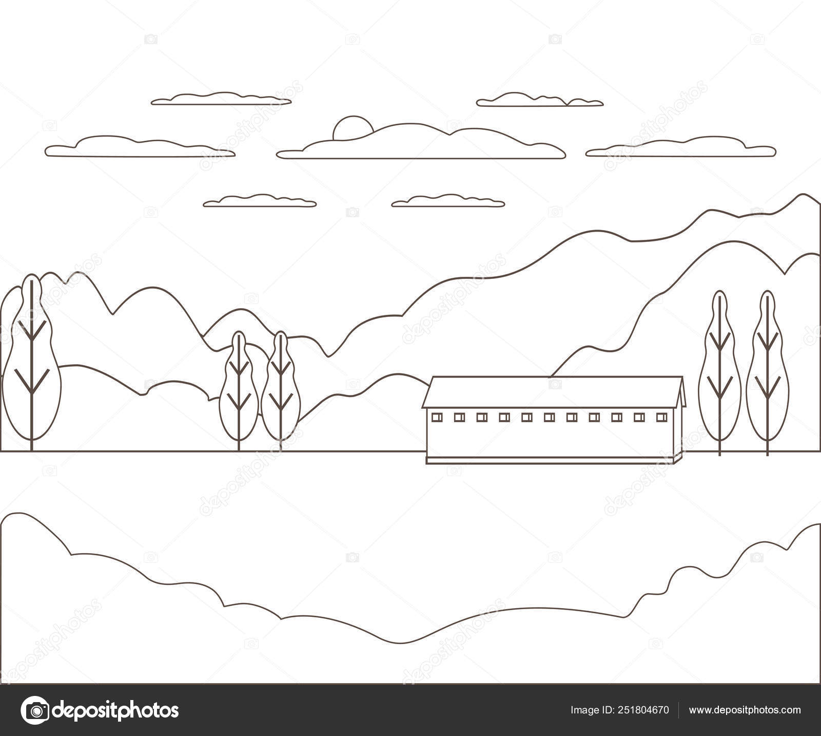 Thin line outline landscape rural farm. Panorama design village modern ...