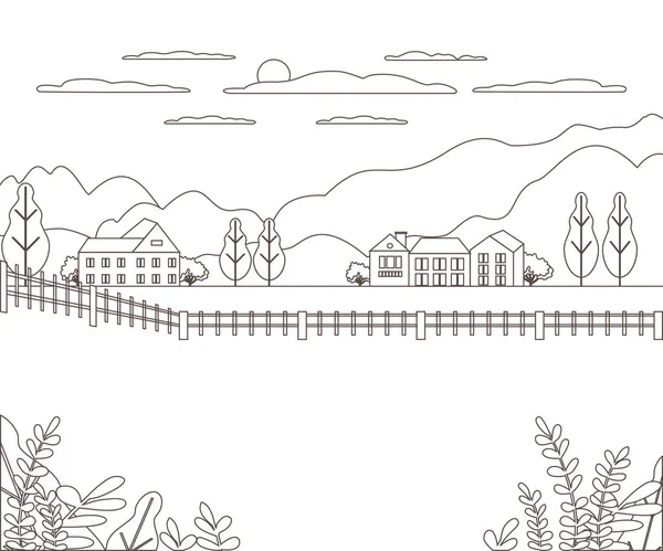Thin line outline landscape rural farm. Panorama design village modern ...