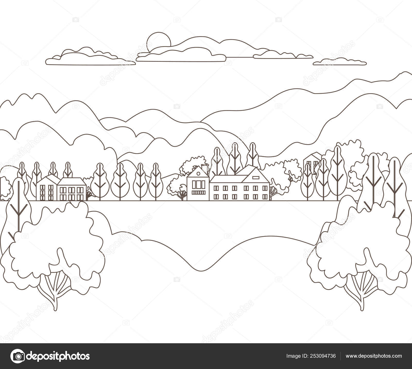 Thin line outline landscape rural farm. Panorama outdoor design village ...