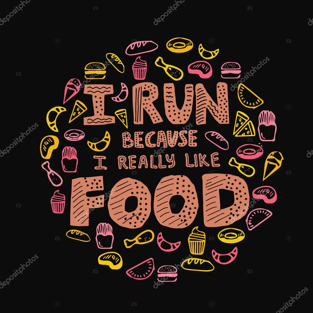 Tarjeta redonda negra con iconos de comida. Letras que corro porque ...