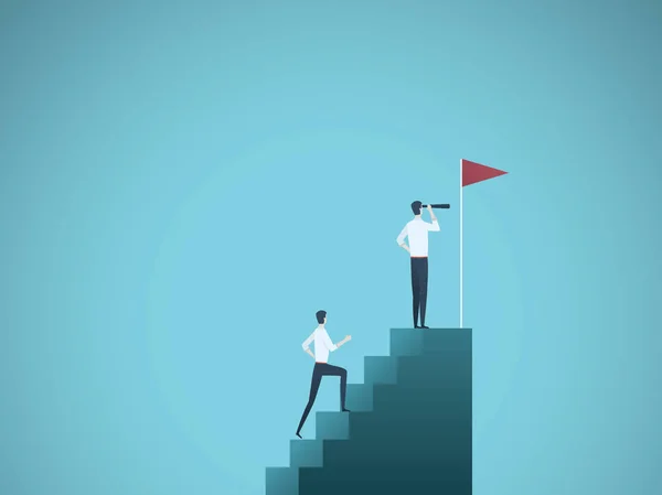 L der empresarial y concepto de vector visionario. Empresario y su seguidor en escalones. S ...