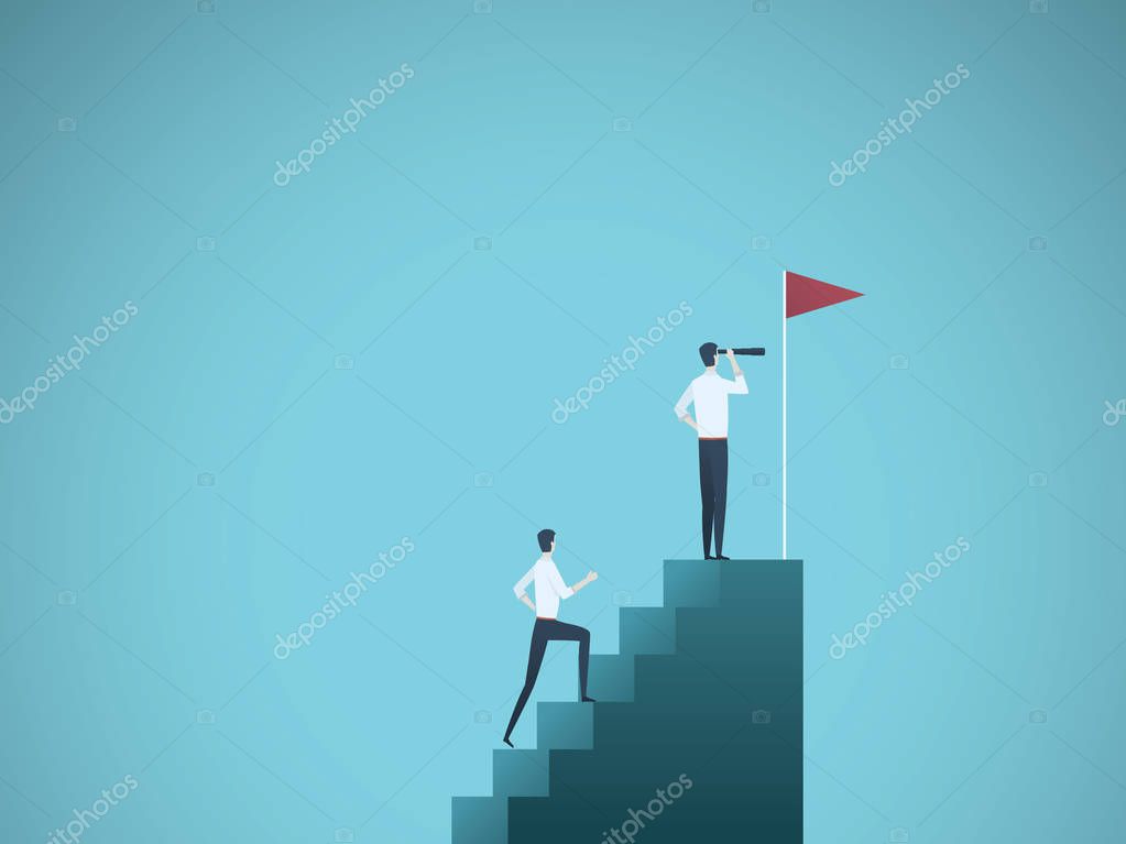 L der empresarial y concepto de vector visionario. Empresario y su seguidor en escalones. S ...